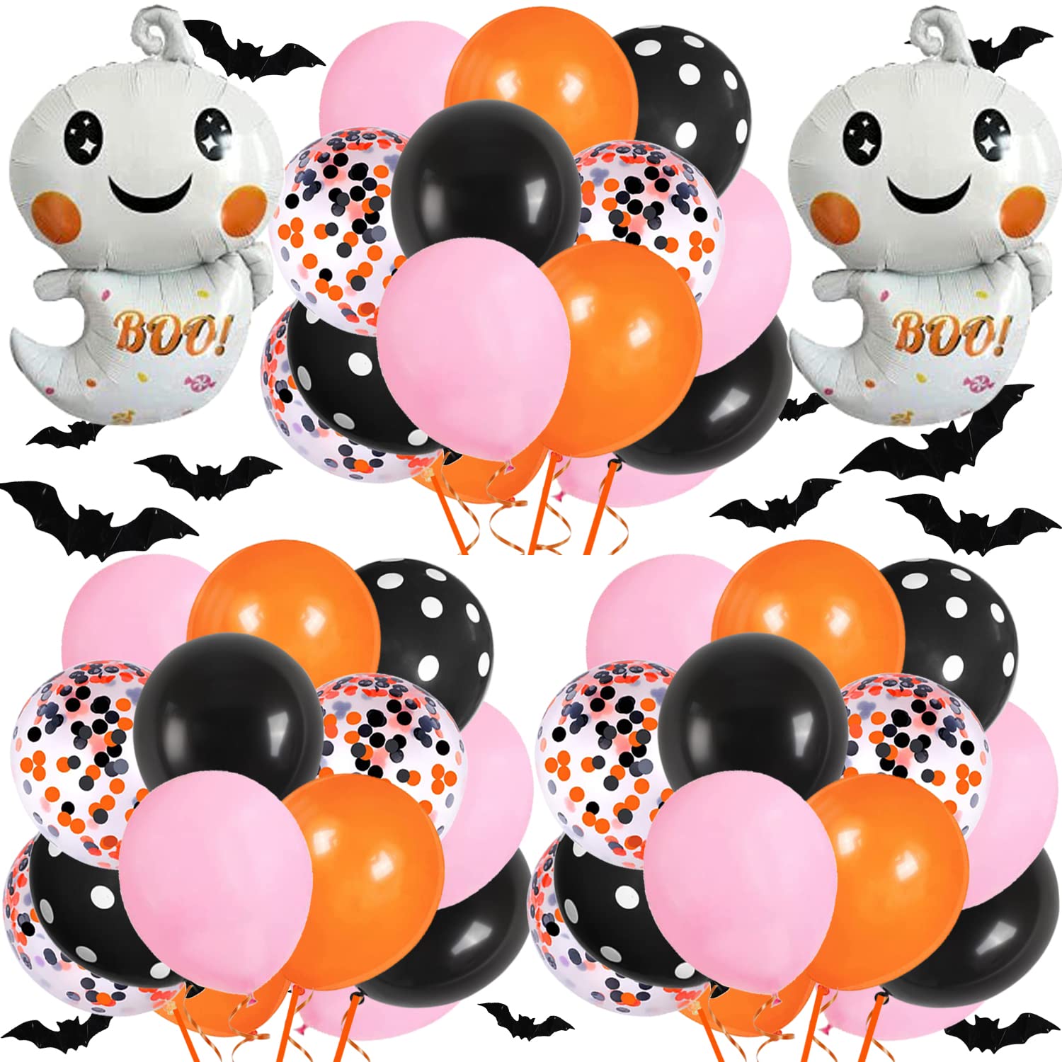 62 Pcs 12 Inch Halloween Balloons Decorations Pink Black Orange Balloons Confetti Balloons Ghost Aluminum Foil Balloons Bats Stickers for Halloween Party Birthday Supplies