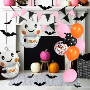 62 Pcs 12 Inch Halloween Balloons Decorations Pink Black Orange Balloons Confetti Balloons Ghost Aluminum Foil Balloons Bats Stickers for Halloween Party Birthday Supplies