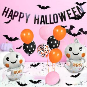 62 Pcs 12 Inch Halloween Balloons Decorations Pink Black Orange Balloons Confetti Balloons Ghost Aluminum Foil Balloons Bats Stickers for Halloween Party Birthday Supplies