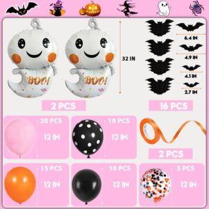 62 Pcs 12 Inch Halloween Balloons Decorations Pink Black Orange Balloons Confetti Balloons Ghost Aluminum Foil Balloons Bats Stickers for Halloween Party Birthday Supplies