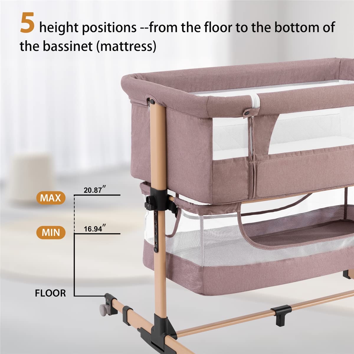 Baby Crib,3 in 1 Baby Bassinet Bedside Crib Adjustable Portable Bed for Infant,Baby Newborn Must Have Bed,Khaki