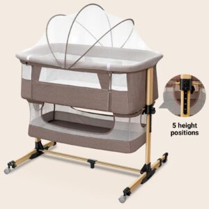 Baby Crib,3 in 1 Baby Bassinet Bedside Crib Adjustable Portable Bed for Infant,Baby Newborn Must Have Bed,Khaki