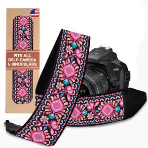 art tribute pink woven camera strap for all dslr and slr camera, embroidered elegant universal neck & shoulder strap, boho pattern. best gift for photographers