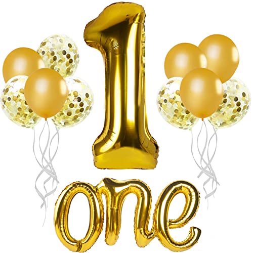 ECam Large - Gold One Balloon for First Birthday, 40 Inch Number 1 Balloon, Gold 1st Birthday Balloons, Confetti Balloons, Gold 1 Balloon 1st Birthday Decorations for Boys, 1 Year Old Balloon