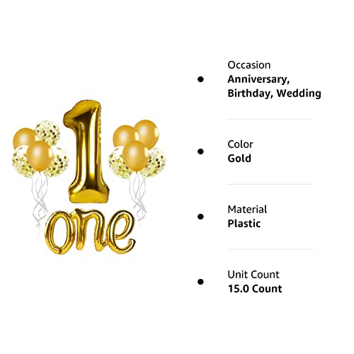 ECam Large - Gold One Balloon for First Birthday, 40 Inch Number 1 Balloon, Gold 1st Birthday Balloons, Confetti Balloons, Gold 1 Balloon 1st Birthday Decorations for Boys, 1 Year Old Balloon