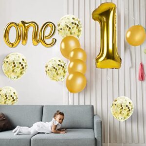 ECam Large - Gold One Balloon for First Birthday, 40 Inch Number 1 Balloon, Gold 1st Birthday Balloons, Confetti Balloons, Gold 1 Balloon 1st Birthday Decorations for Boys, 1 Year Old Balloon