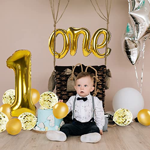 ECam Large - Gold One Balloon for First Birthday, 40 Inch Number 1 Balloon, Gold 1st Birthday Balloons, Confetti Balloons, Gold 1 Balloon 1st Birthday Decorations for Boys, 1 Year Old Balloon