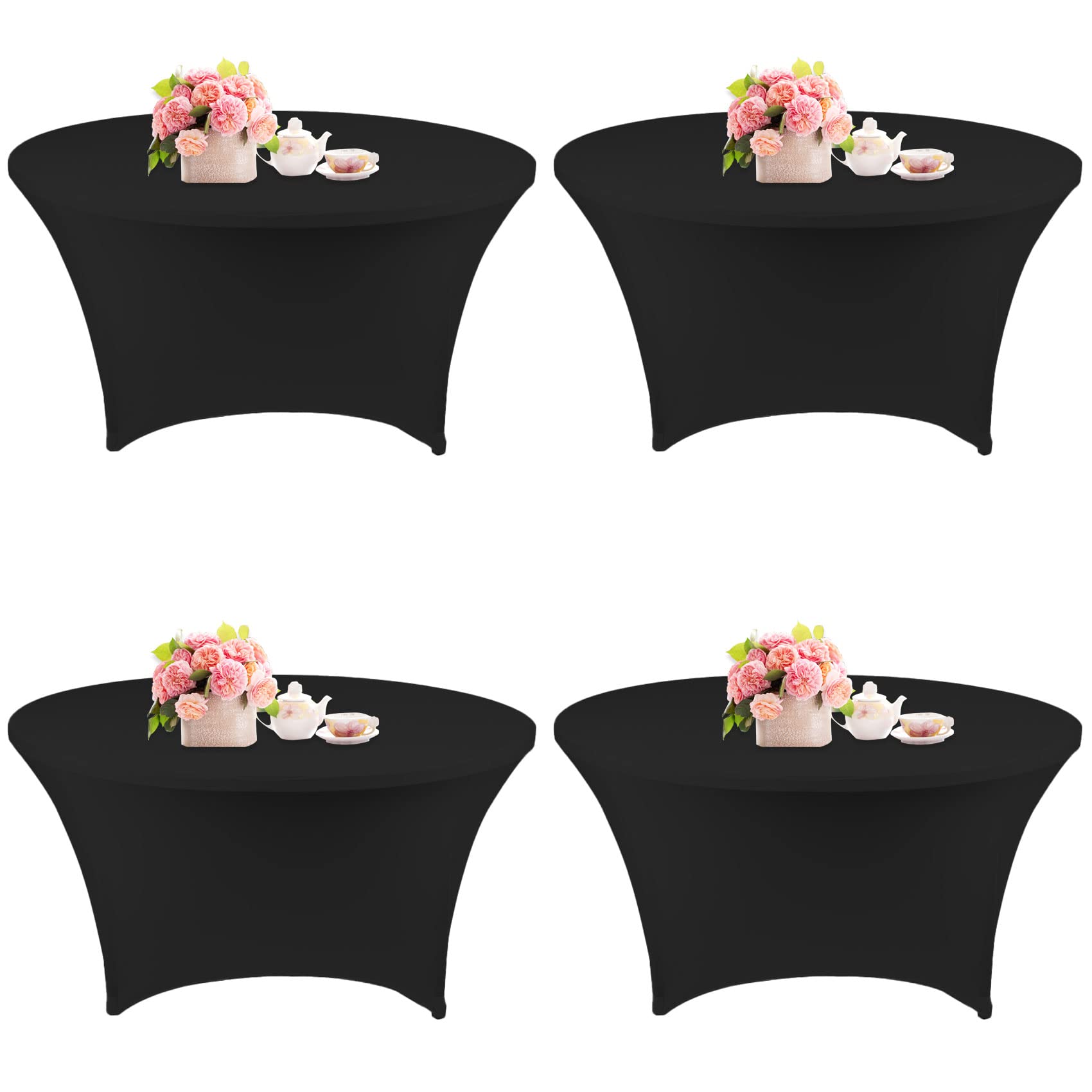 4 Pack 5FT Round Spandex Tablecloth 60 Inch Black Stretchable Table Cover Washable and Wrinkle Resistant Table Cloth, Fitted Round Table for Wedding, Banquet, Birthday, Party, Restaurant (Black)