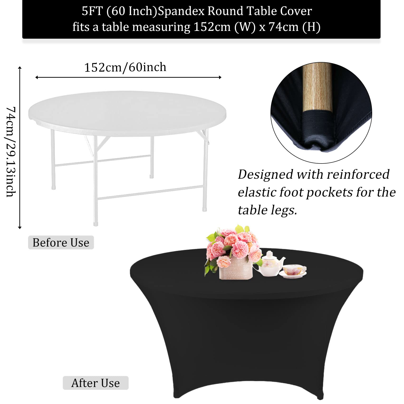 4 Pack 5FT Round Spandex Tablecloth 60 Inch Black Stretchable Table Cover Washable and Wrinkle Resistant Table Cloth, Fitted Round Table for Wedding, Banquet, Birthday, Party, Restaurant (Black)