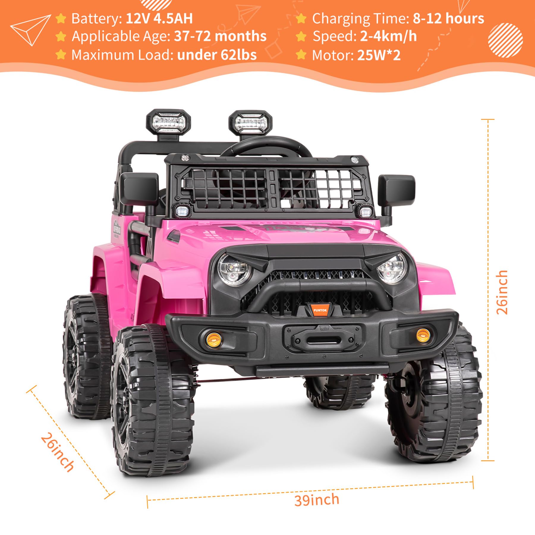 12V Kids Electric Ride On Car Jeep with Remote Control 3 Speeds, LED Lights, Radio, AUX/USB MP3 Music, Openable Doors & Suspension, Electric Car Vehicle for Toddlers & Kids, Pink