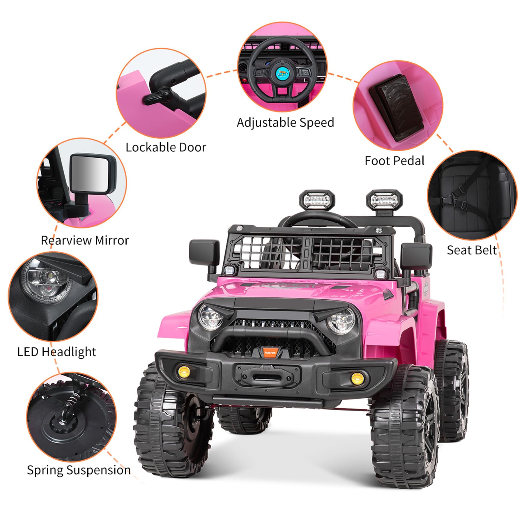 12V Kids Electric Ride On Car Jeep with Remote Control 3 Speeds, LED Lights, Radio, AUX/USB MP3 Music, Openable Doors & Suspension, Electric Car Vehicle for Toddlers & Kids, Pink