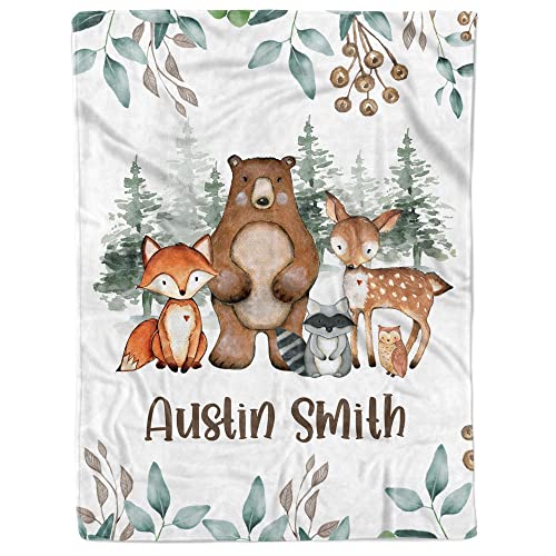 Arteaga Personalized Baby Blankets for Boys, Customized Baby Blankets for Boys, Woodland Animals Baby Blanket, Best Gift for Baby, Newborn, New Mom, Super Soft Plush Fleece, 30''x40''