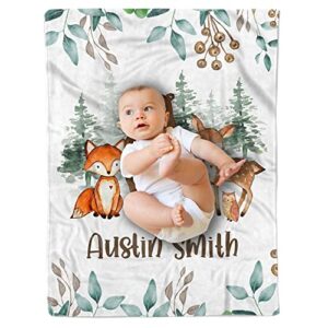 Arteaga Personalized Baby Blankets for Boys, Customized Baby Blankets for Boys, Woodland Animals Baby Blanket, Best Gift for Baby, Newborn, New Mom, Super Soft Plush Fleece, 30''x40''