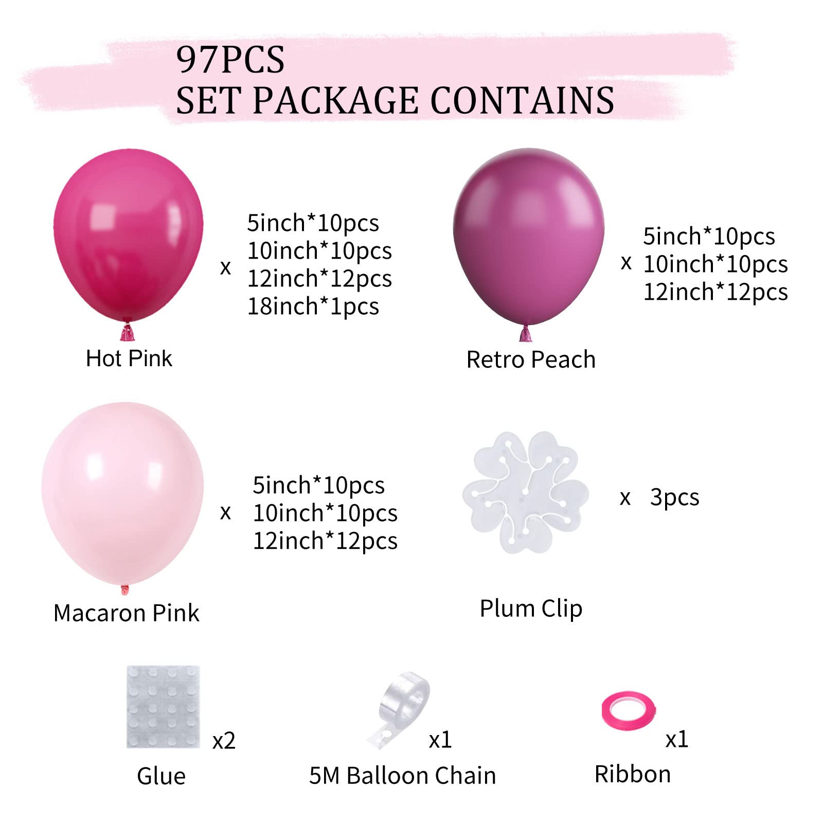 GREMAG Pink Balloon Garland Kit, Hot Pink Balloons Arch Party Decorations, 97 Pcs Macaron Pink Retro Peach, 18 12 10 5 Inch Latex Balloons with Balloon Flower For Birthday Shower Princess Theme Decor