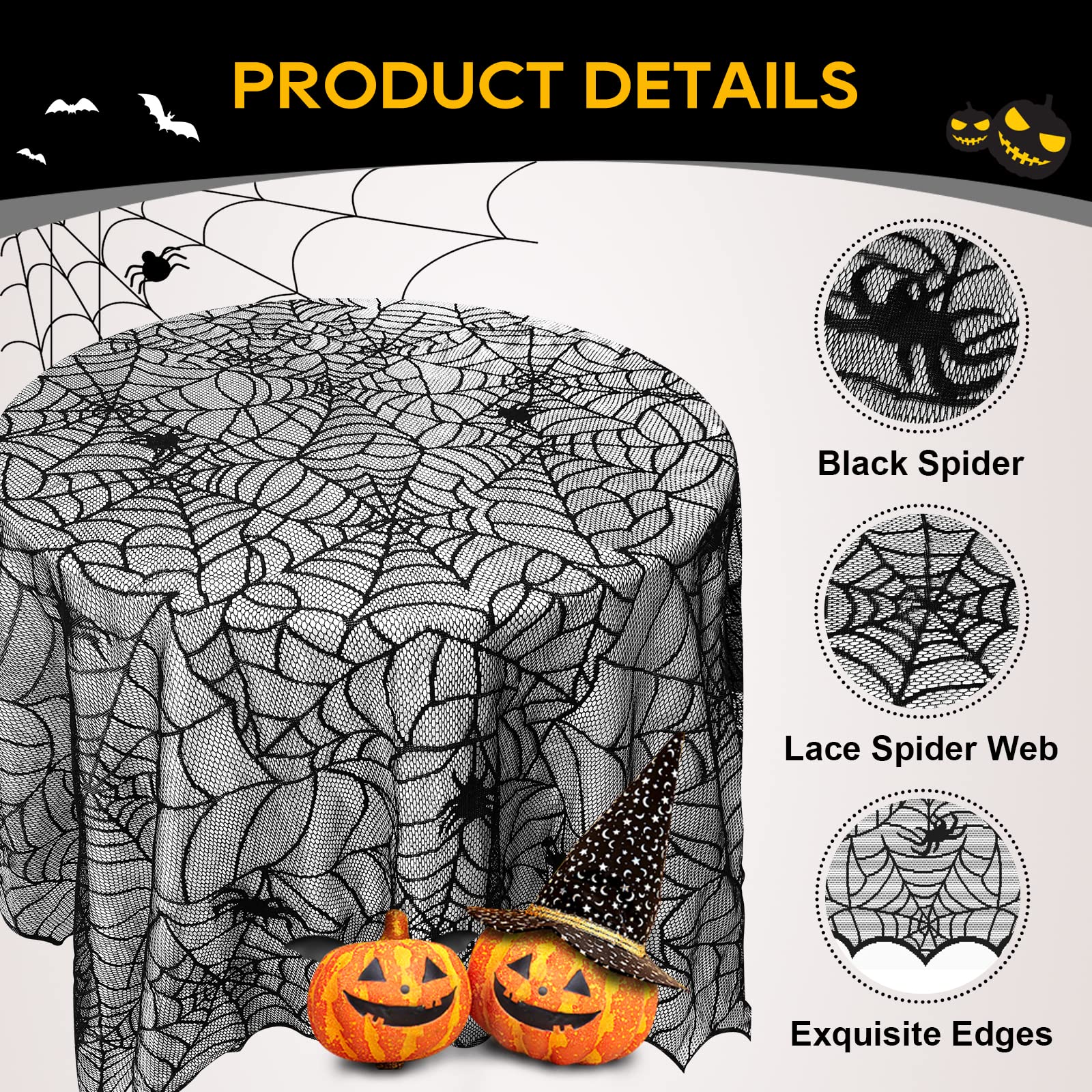 eZAKKA Round Halloween Tablecloth, 70 Inch Spider Webs Tablecloths Black Tablecloth Lace Fabric Table Cloths Spooky Table Cover for Parties Gothic Halloween Home Decorations