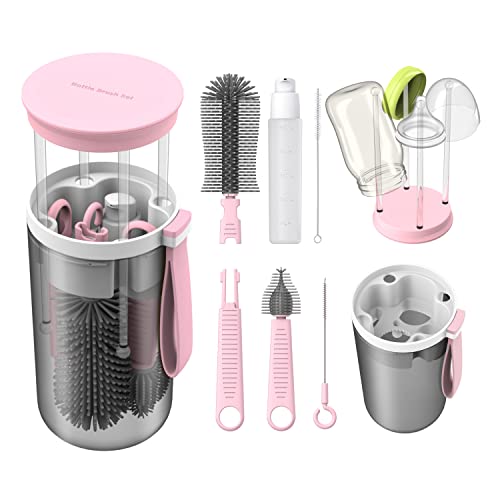 TechoEcho Baby Essential Travel Bottle Cleaner Kit with Silicone Bottle Brush,Built-in Snap-on Drying Rack,Silicone Nipple-Shaped Brush,2 Straw Brushes,Bottle Soap Dispenser,Bottle Warmer Bowl.(Pink)