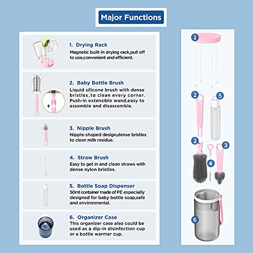 TechoEcho Baby Essential Travel Bottle Cleaner Kit with Silicone Bottle Brush,Built-in Snap-on Drying Rack,Silicone Nipple-Shaped Brush,2 Straw Brushes,Bottle Soap Dispenser,Bottle Warmer Bowl.(Pink)