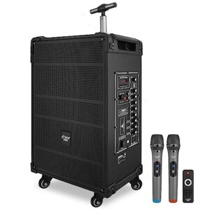 pyle 12'' portable wireless bluetooth speaker system - built-in rechargeable battery, wireless microphone, usb/micro sd/fm - 80 watt - fm radio with digital led display, pwma1299a