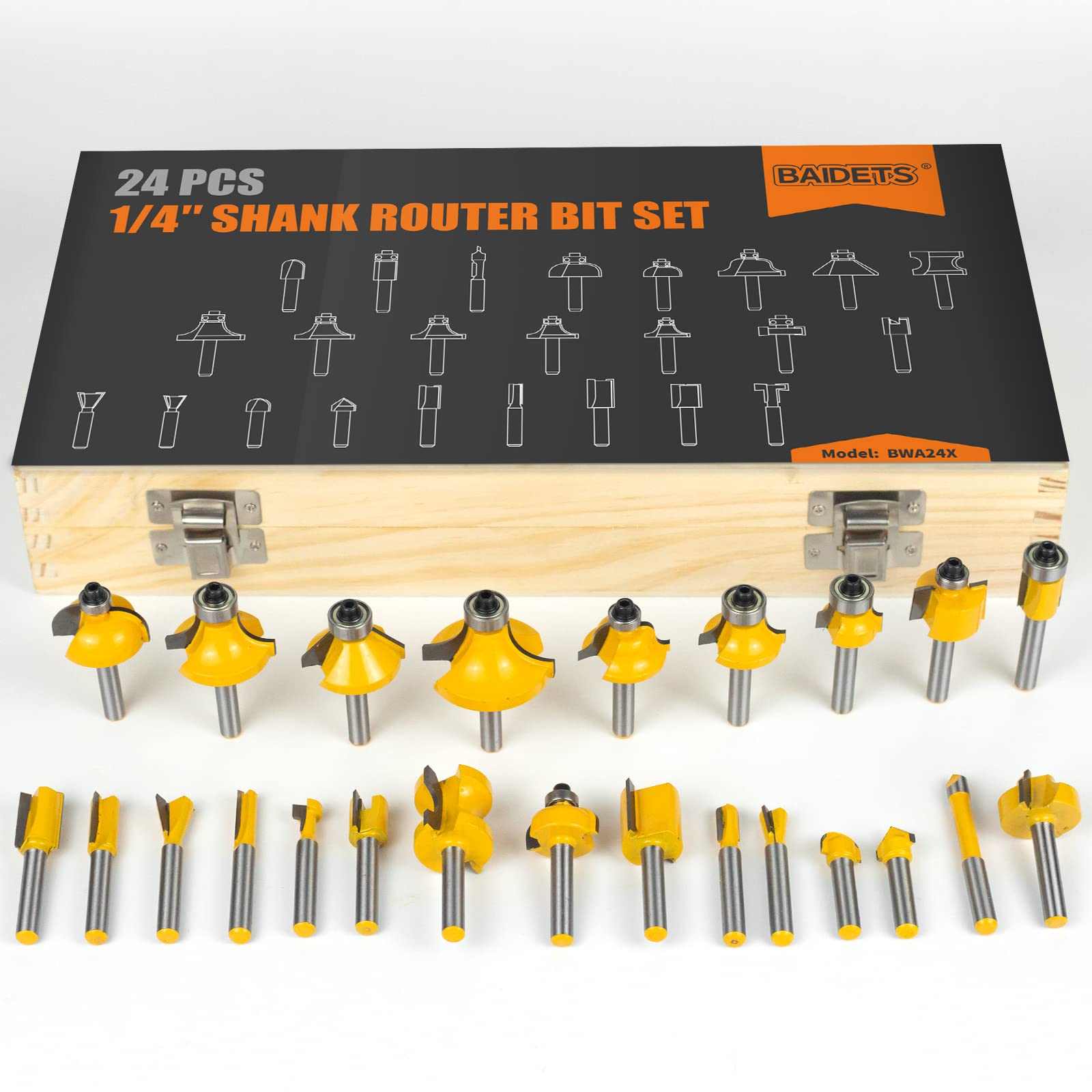 Router Bits Set 1/4 Inch Shank - BAIDETS Upgrade 24 Piece Router Bit Set Craftsman, 1/4" Tungsten Carbide Router Bits for Woodworking