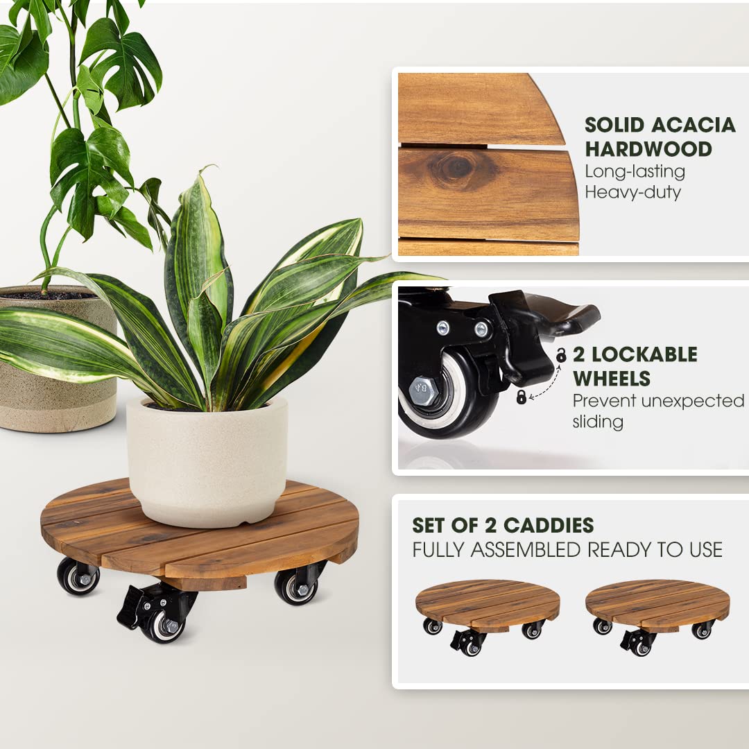 Idzo 2pack 14inches Wood Plant Caddy With Wheels Heavy Duty, 264 Lbs Capacity, Acacia Hardwood Plant Dolly, Plant Stand with 360° Lockable Wheels for Plant Pots, Heavy Objects Hauling - Natural Wood