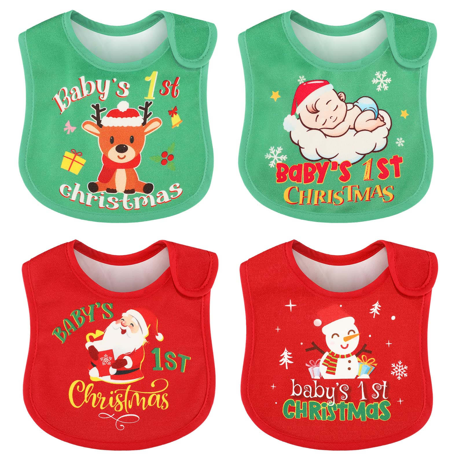 Eurzom Christmas Baby Bib Babies First Christmas Baby Gifts Xmas Newborn Bibs for Baby Girl Boy with Adjustable Closure Baby Drooling Bibs Waterproof for Toddler Infant Unisex, 4 Styles