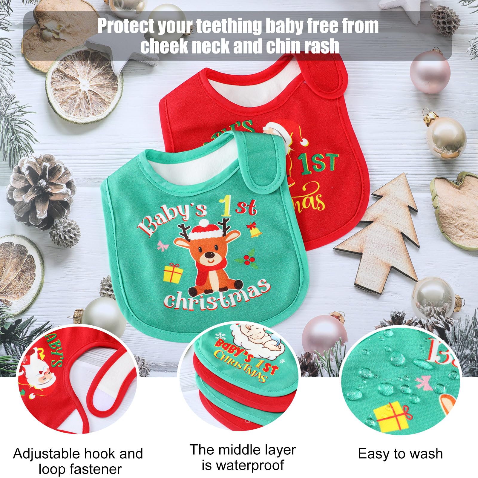 Eurzom Christmas Baby Bib Babies First Christmas Baby Gifts Xmas Newborn Bibs for Baby Girl Boy with Adjustable Closure Baby Drooling Bibs Waterproof for Toddler Infant Unisex, 4 Styles