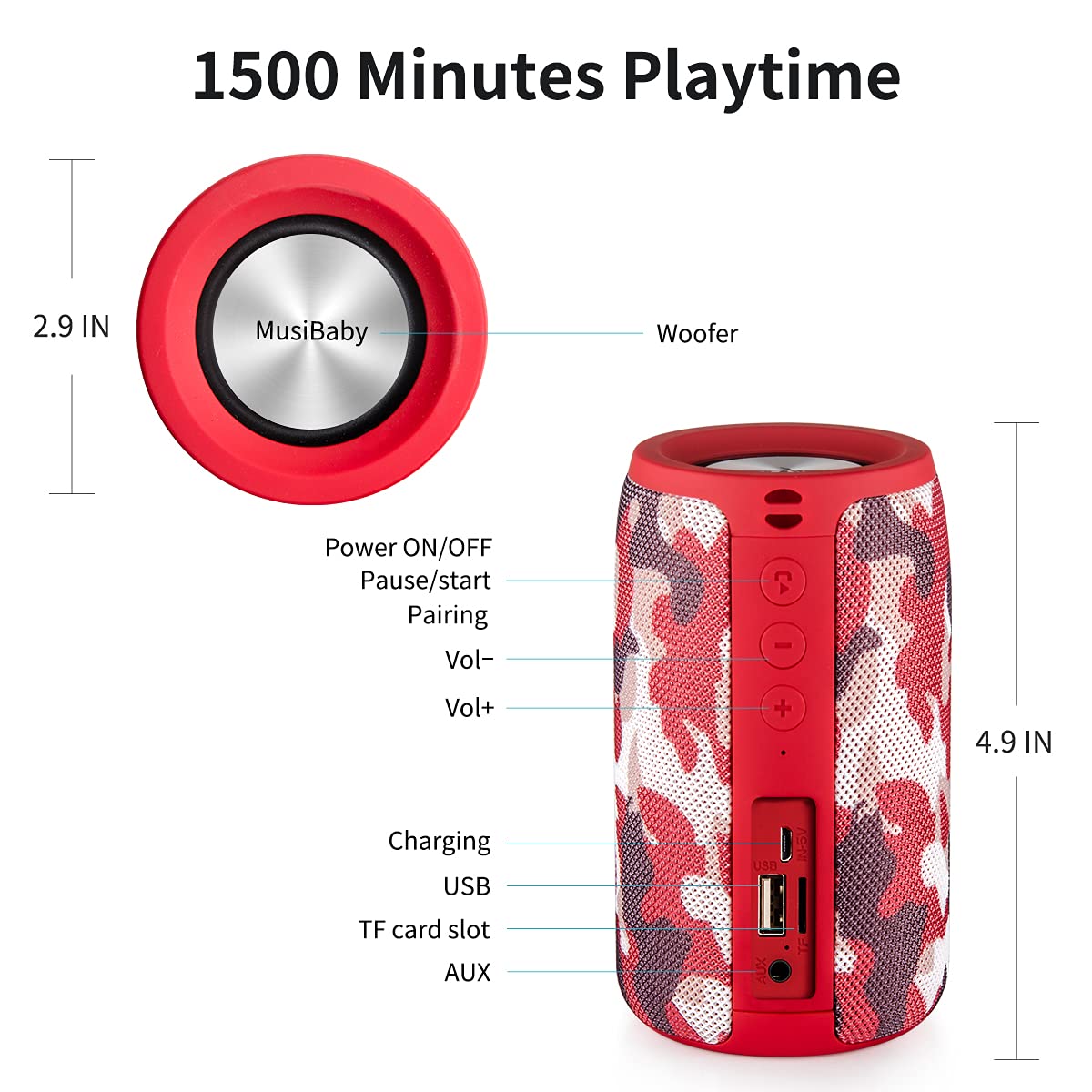 Bluetooth Speaker,MusiBaby Bluetooth Speakers,Outdoor, Portable,Waterproof,Wireless Speakers,Dual Pairing, Bluetooth 5.0,Loud Stereo,Booming Bass,1500 Mins Playtime for Home,Party (M68 Blue+Red)