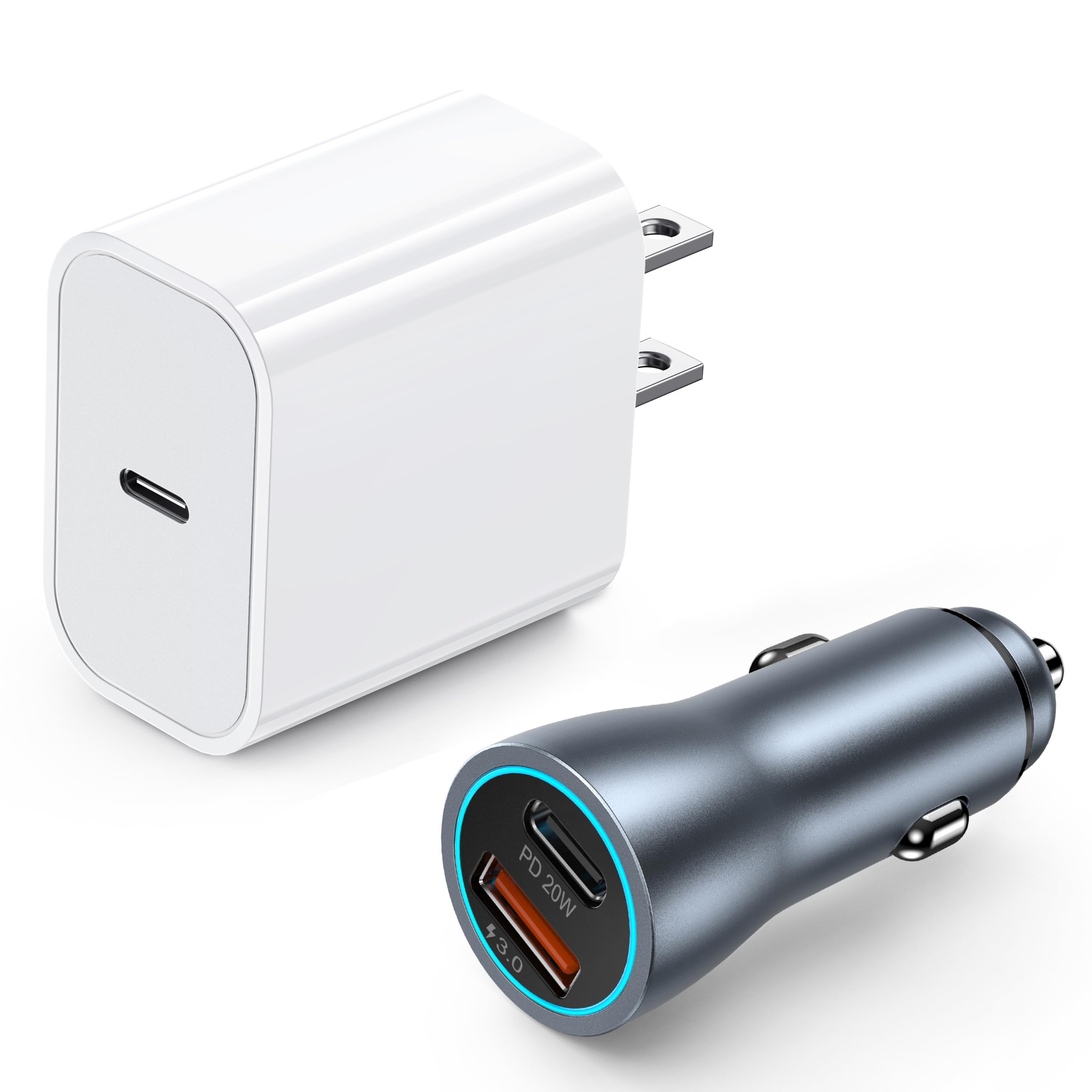 38W Car Charger Block Kit [MFi Certified] / PD 20W Type USB C Wall Charger Fast Charging Power Delivery Adapter with 2 Pcs 6.6FT Charging Cable for iPhone 13 12 11 14 Pro Max Plus Xs Max XR X iPad