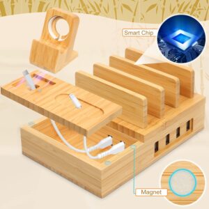 Bamboo Charging Station for Multiple Devices, OthoKing 6 USB Ports Wood Charging Docking Station Organizer for Apple/AirPods/Watch/iPad/Samsung/Android/Tablet, 6 Mixed Cable Included