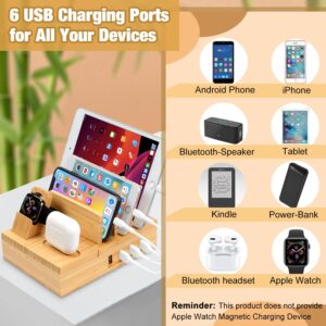 Bamboo Charging Station for Multiple Devices, OthoKing 6 USB Ports Wood Charging Docking Station Organizer for Apple/AirPods/Watch/iPad/Samsung/Android/Tablet, 6 Mixed Cable Included