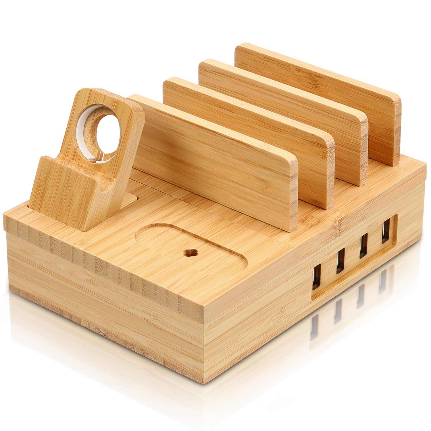 Bamboo Charging Station for Multiple Devices, OthoKing 6 USB Ports Wood Charging Docking Station Organizer for Apple/AirPods/Watch/iPad/Samsung/Android/Tablet, 6 Mixed Cable Included