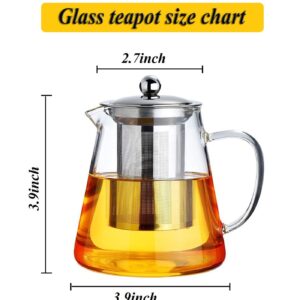 Glass Teapot with Removable Stainless Steel Infuser, Borosilicate Glass Tea Pot with Strainer,for Blooming Tea & Loose Leaf Tea, Microwave & Stovetop Safe（19oz ）