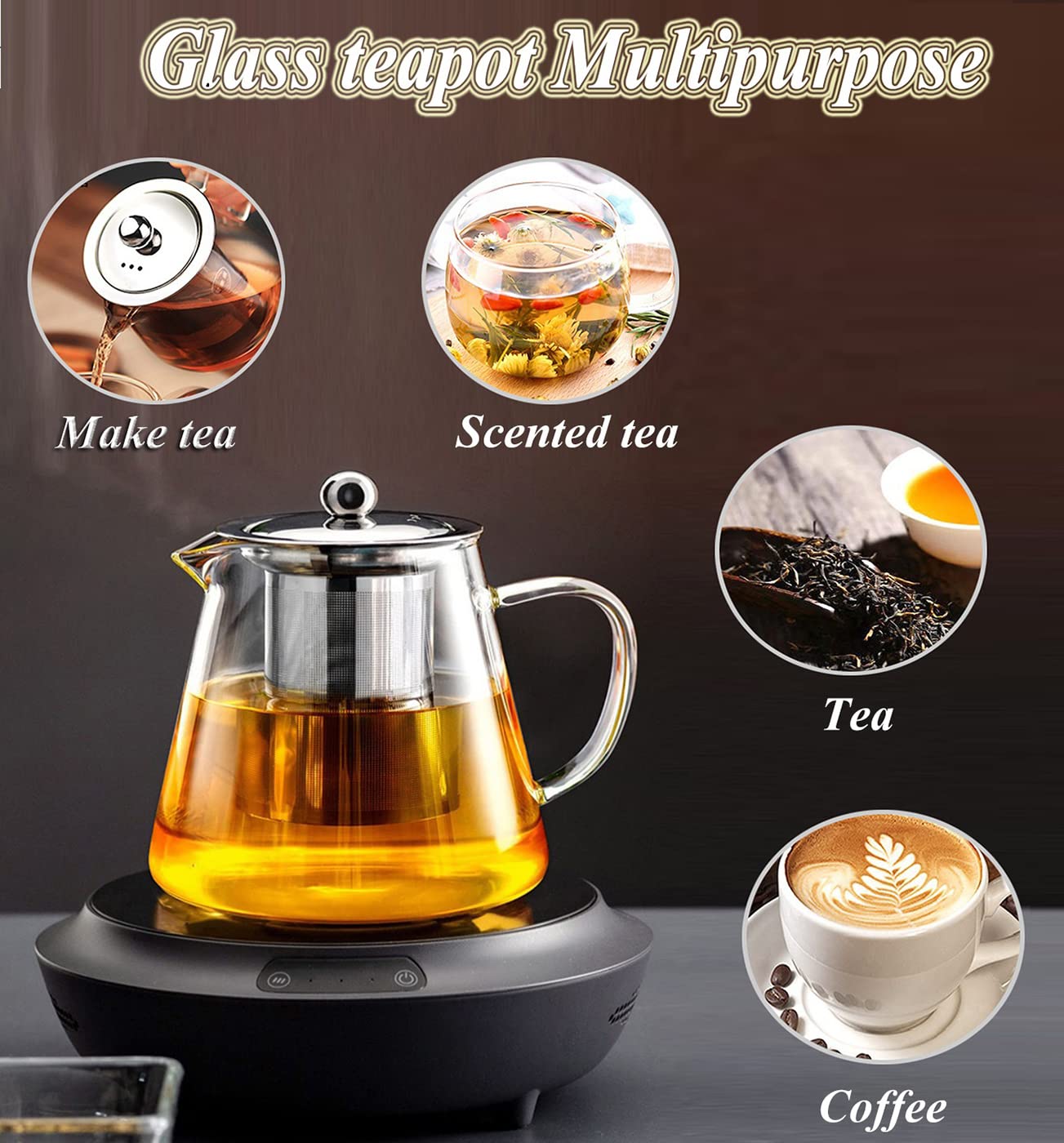 Glass Teapot with Removable Stainless Steel Infuser, Borosilicate Glass Tea Pot with Strainer,for Blooming Tea & Loose Leaf Tea, Microwave & Stovetop Safe（19oz ）