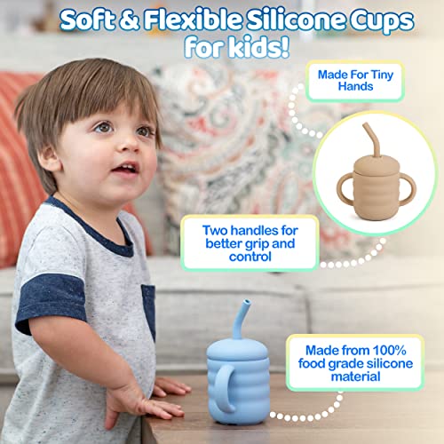 Cute 2-1 Silicone Straw Sippy Cup with Stopper - 5.4 OZ Spill-proof Sippy Cups for Baby 6+ Months w/ Dbl Handles, Grooved Body & Angled Straw for Fun & Safe Drinking - Includes Cleaning Brush - Pink