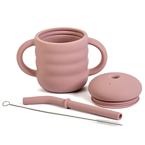 Cute 2-1 Silicone Straw Sippy Cup with Stopper - 5.4 OZ Spill-proof Sippy Cups for Baby 6+ Months w/ Dbl Handles, Grooved Body & Angled Straw for Fun & Safe Drinking - Includes Cleaning Brush - Pink