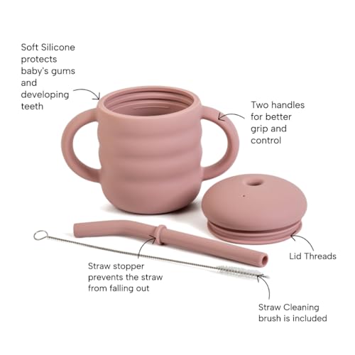 Cute 2-1 Silicone Straw Sippy Cup with Stopper - 5.4 OZ Spill-proof Sippy Cups for Baby 6+ Months w/ Dbl Handles, Grooved Body & Angled Straw for Fun & Safe Drinking - Includes Cleaning Brush - Pink