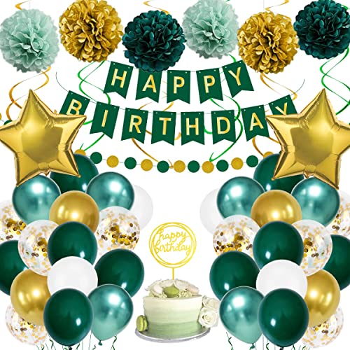 Birthday Decorations, Green Gold Birthday Party Decorations for Boy Girls Men Women, Birthday Balloons with Happy Birthday Banner, Paper Pompoms, Confetti Balloons for Birthday Party Decorations