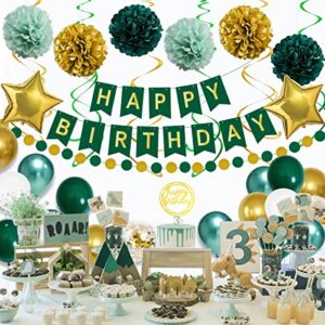 Birthday Decorations, Green Gold Birthday Party Decorations for Boy Girls Men Women, Birthday Balloons with Happy Birthday Banner, Paper Pompoms, Confetti Balloons for Birthday Party Decorations