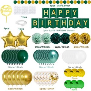 Birthday Decorations, Green Gold Birthday Party Decorations for Boy Girls Men Women, Birthday Balloons with Happy Birthday Banner, Paper Pompoms, Confetti Balloons for Birthday Party Decorations