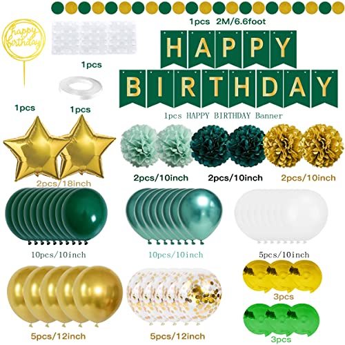 Birthday Decorations, Green Gold Birthday Party Decorations for Boy Girls Men Women, Birthday Balloons with Happy Birthday Banner, Paper Pompoms, Confetti Balloons for Birthday Party Decorations