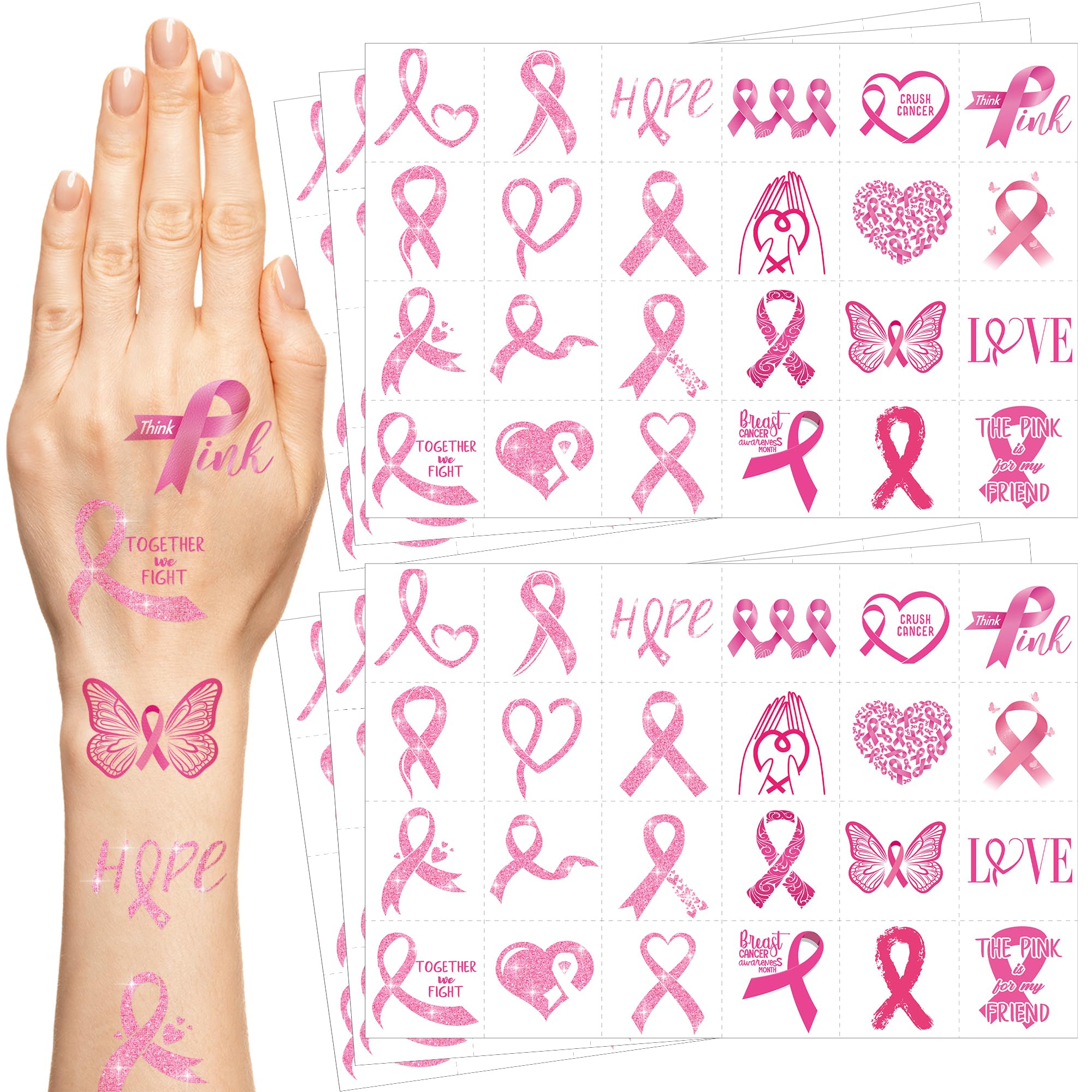 ADXCO 144 Pieces Pink Ribbon Glitter Tattoos Waterproof Breast Cancer Awareness Temporary Tattoos Skin Safe Pink Ribbon Tattoos Sticker for October Breast Cancer Awareness Month