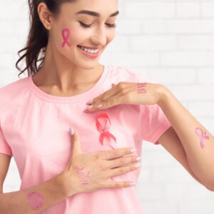 ADXCO 144 Pieces Pink Ribbon Glitter Tattoos Waterproof Breast Cancer Awareness Temporary Tattoos Skin Safe Pink Ribbon Tattoos Sticker for October Breast Cancer Awareness Month