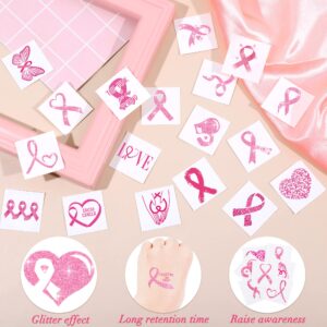 ADXCO 144 Pieces Pink Ribbon Glitter Tattoos Waterproof Breast Cancer Awareness Temporary Tattoos Skin Safe Pink Ribbon Tattoos Sticker for October Breast Cancer Awareness Month