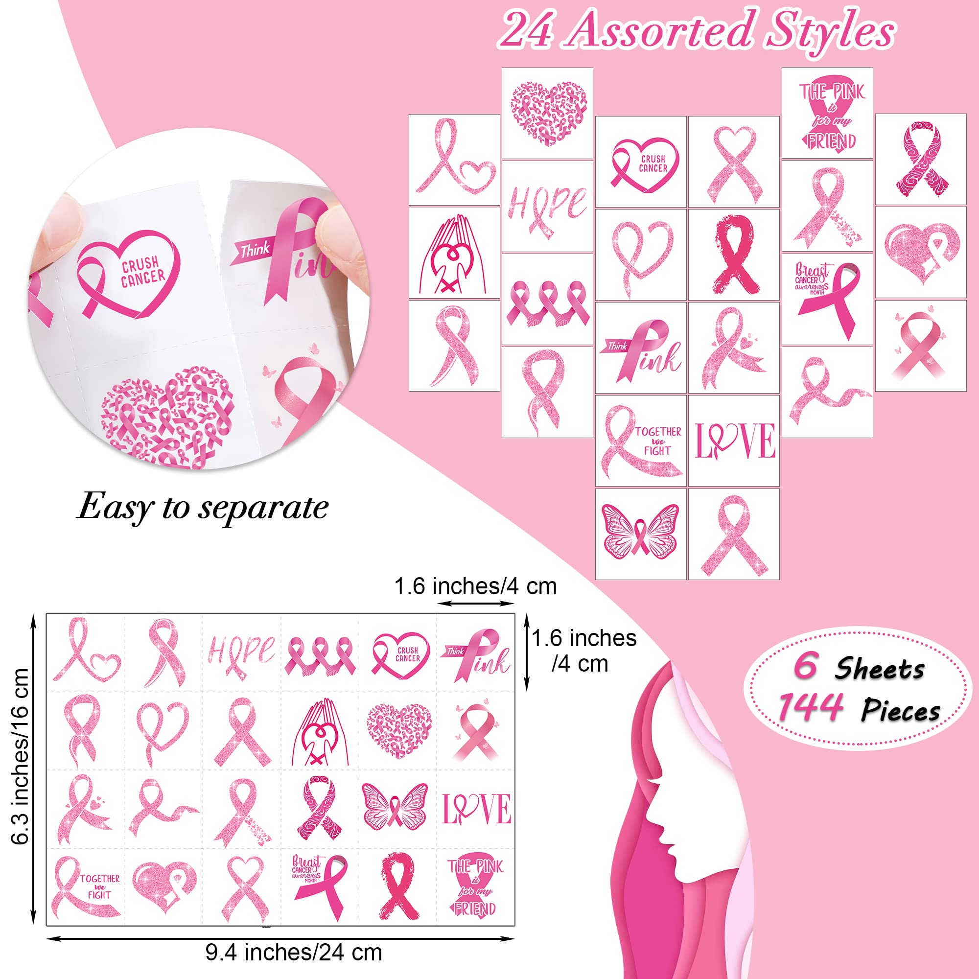 ADXCO 144 Pieces Pink Ribbon Glitter Tattoos Waterproof Breast Cancer Awareness Temporary Tattoos Skin Safe Pink Ribbon Tattoos Sticker for October Breast Cancer Awareness Month