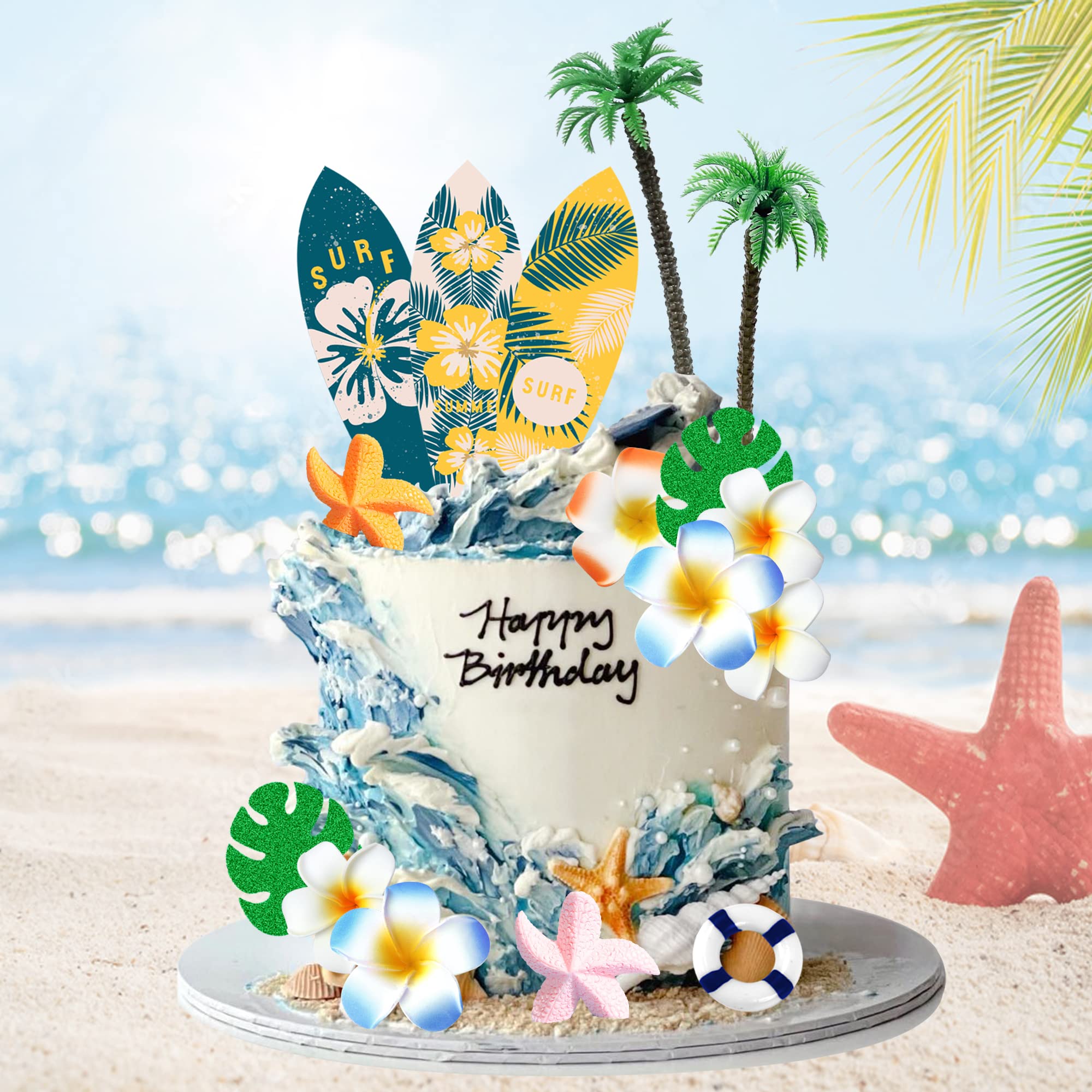 Summer Beach Happy Birthday Cake Topper Surfboard Palm Model Tree Beach Umbrella Chair for Swimming Beach Party Luau Birthday Baby Shower Party Supplies (Surfboard)