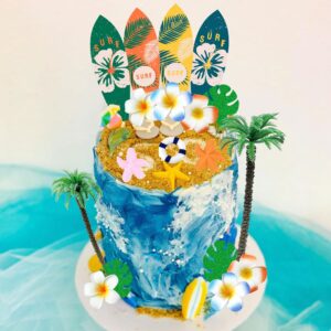 Summer Beach Happy Birthday Cake Topper Surfboard Palm Model Tree Beach Umbrella Chair for Swimming Beach Party Luau Birthday Baby Shower Party Supplies (Surfboard)