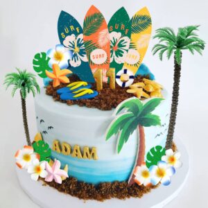 Summer Beach Happy Birthday Cake Topper Surfboard Palm Model Tree Beach Umbrella Chair for Swimming Beach Party Luau Birthday Baby Shower Party Supplies (Surfboard)