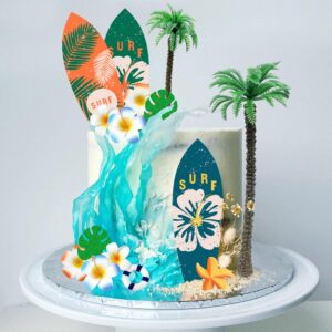 Summer Beach Happy Birthday Cake Topper Surfboard Palm Model Tree Beach Umbrella Chair for Swimming Beach Party Luau Birthday Baby Shower Party Supplies (Surfboard)