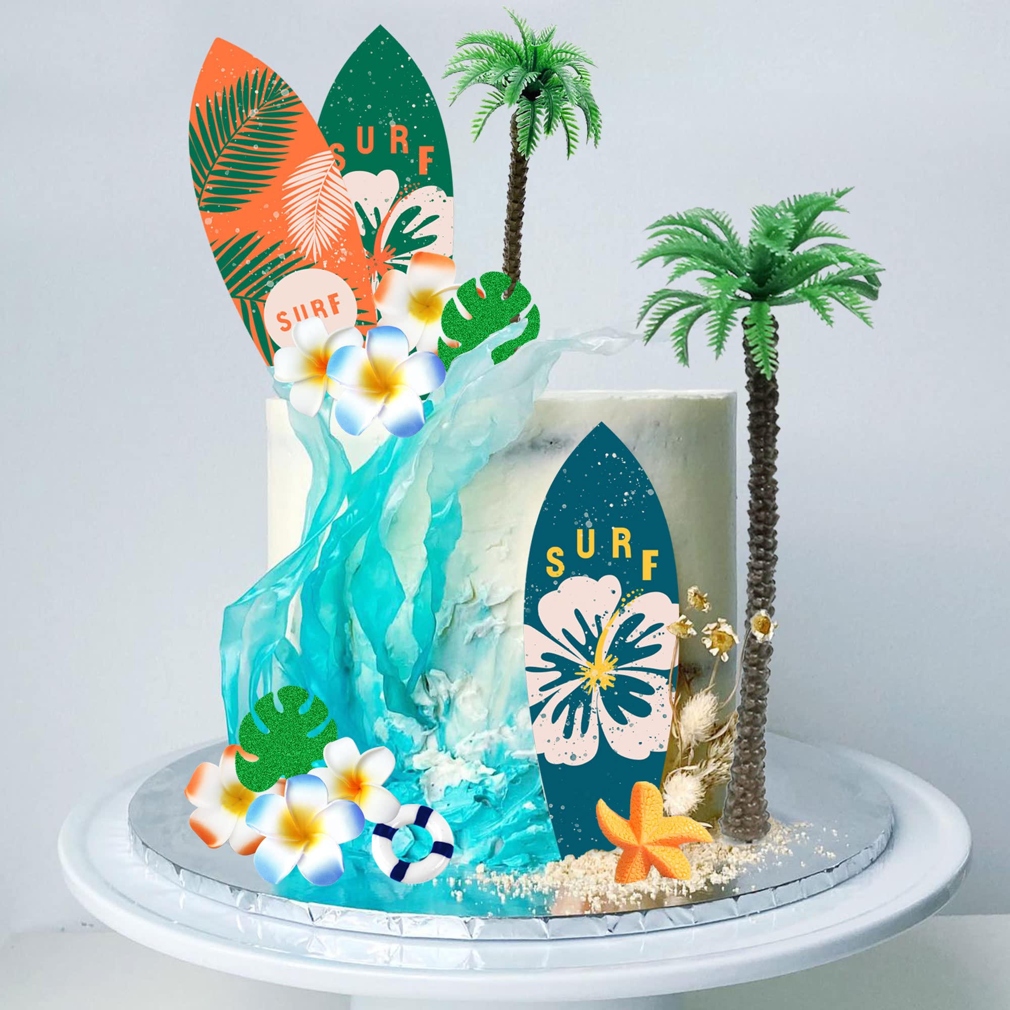 Summer Beach Happy Birthday Cake Topper Surfboard Palm Model Tree Beach Umbrella Chair for Swimming Beach Party Luau Birthday Baby Shower Party Supplies (Surfboard)