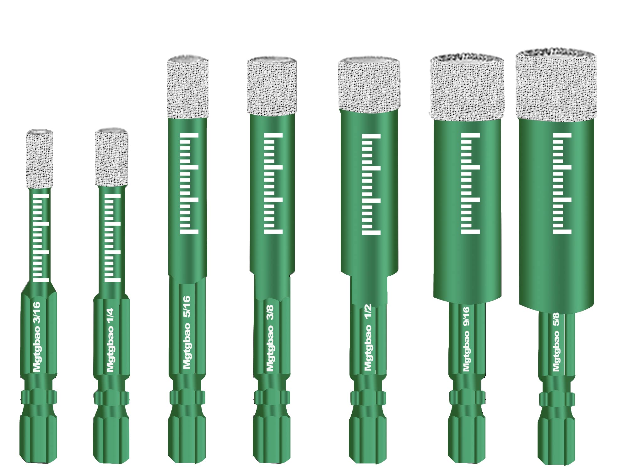 Mgtgbao Green 7PCS Dry Diamond Drill Bits Set, Core Drill bit for Marble Tile Ceramic Stone Glass (NOT for Wood) Hex Shank Diamond Hole Saw Kit Diamond Drill Bits for Porcelain Tile with 3/16 to 5/8